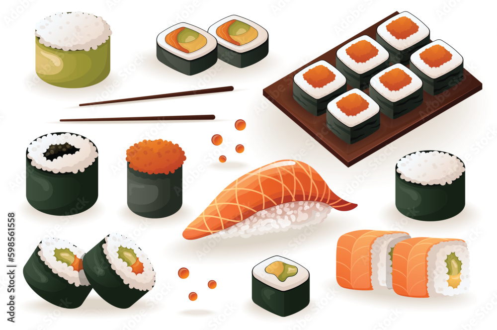 Sushi set. This illustration is a set of sushi designs in a flat and ...