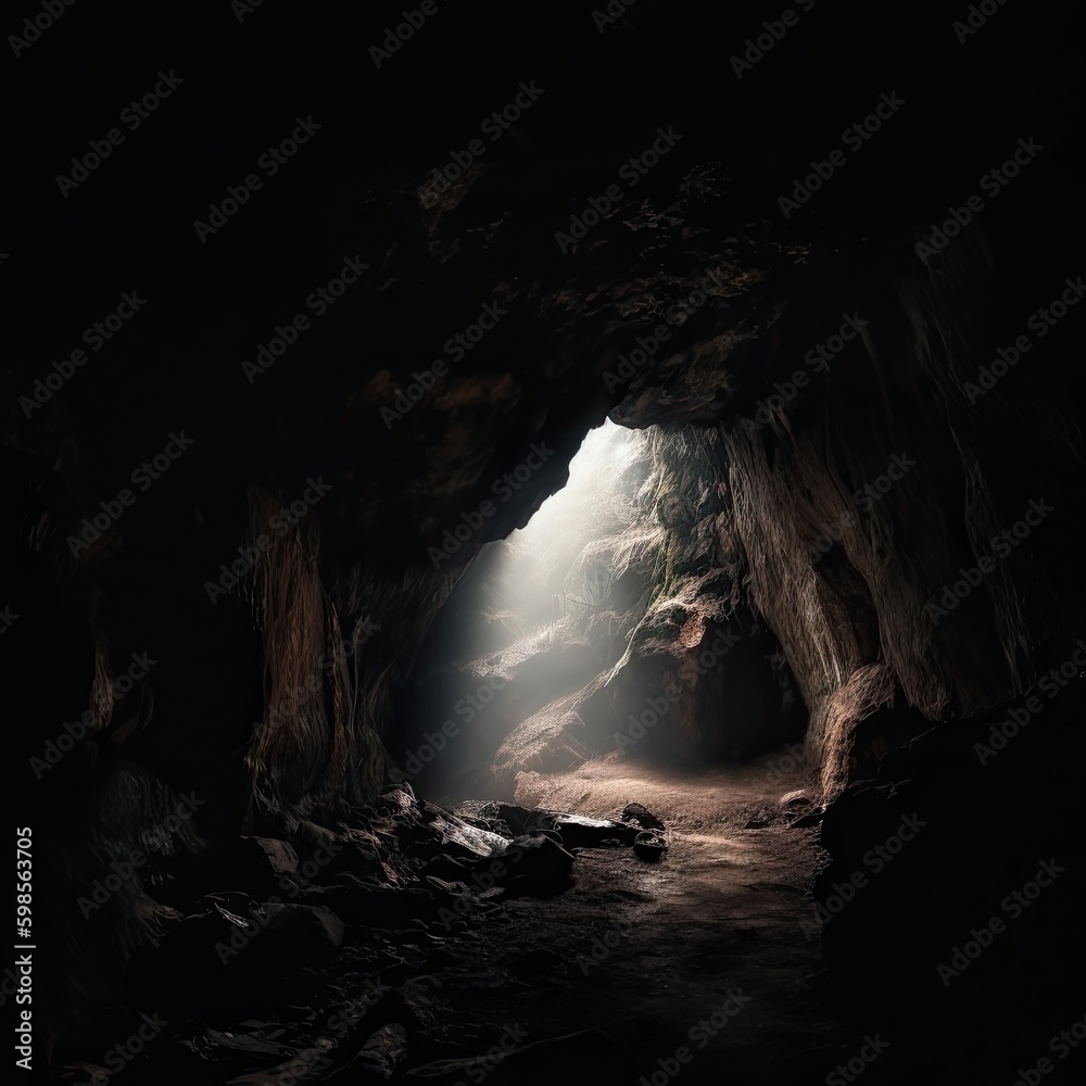 ภาพประกอบสต็อก A dark, foreboding cave entrance with flickering ...