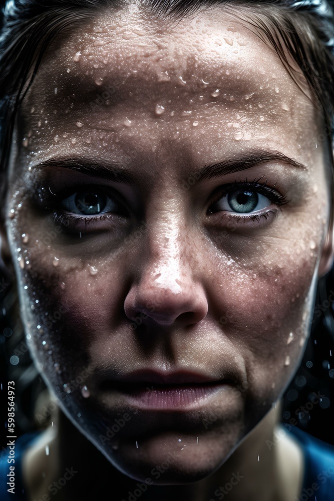 an extreme closeup photo of a professional female athlete with intense ...
