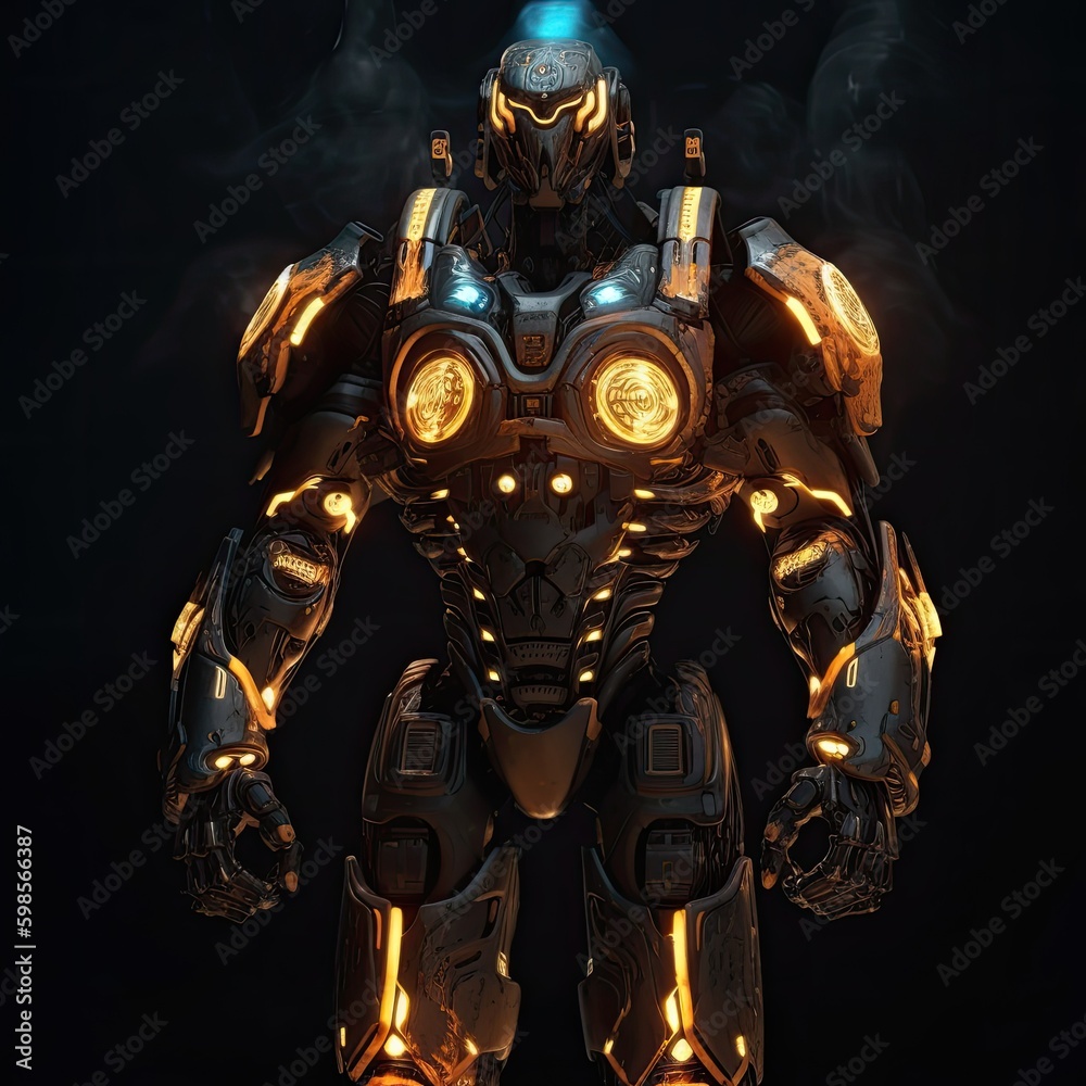 A massive, cybernetic titan with glowing circuits and imposing armor on ...