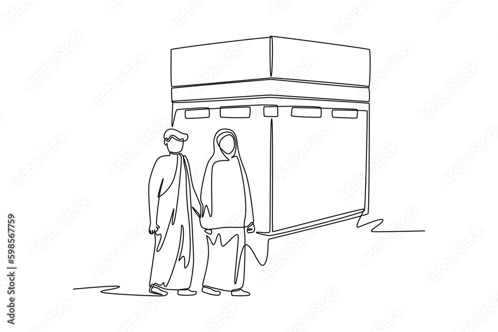 Continuous one line drawing muslim couples wife and husband wearing ...