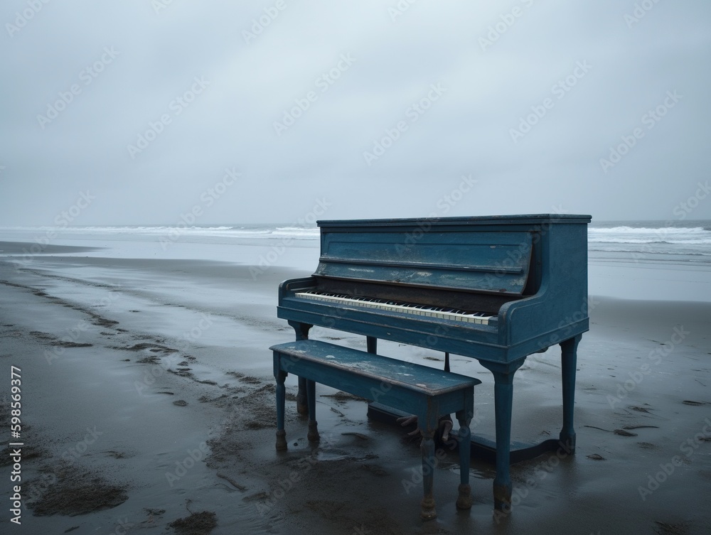 Moody Minimalist Aesthetic Landscape with Blue Vintage Piano on the ...