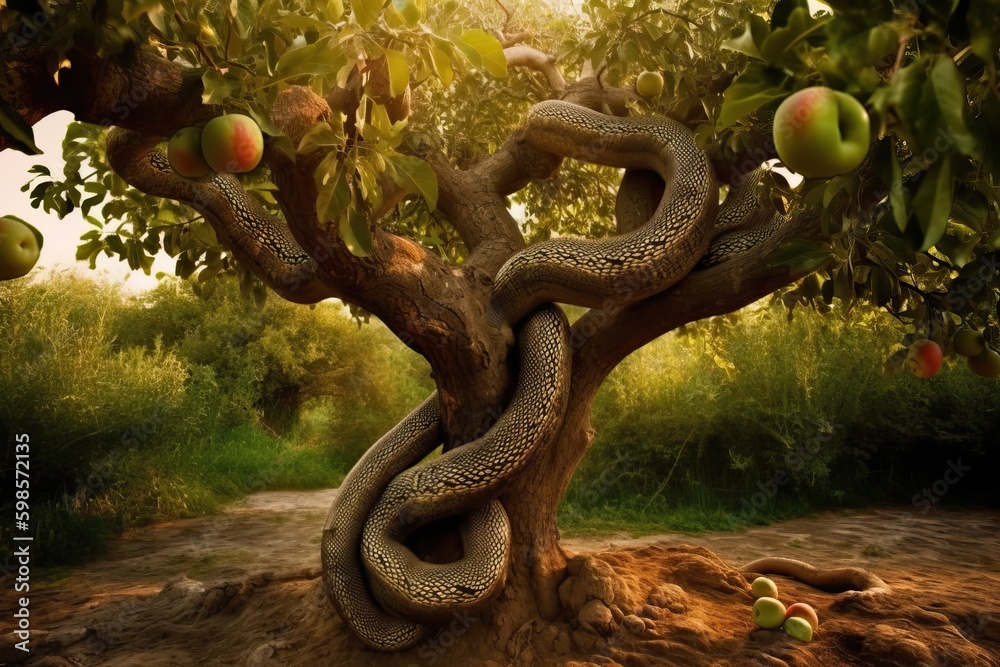 The biblical tree of knowledge in genesis with the apples and the ...