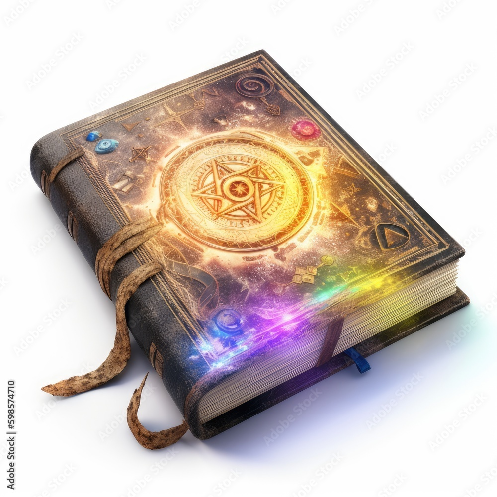 An enchanted, glowing spellbook with ancient runes and mystical symbols ...