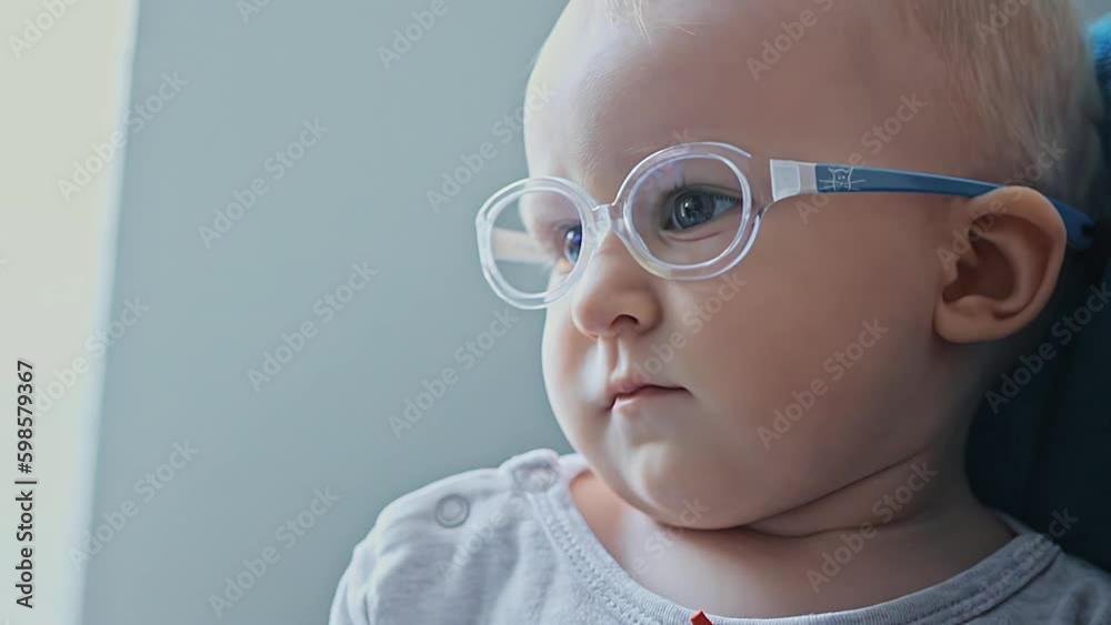 One year old baby with glasses is watching TV. Caucasian child girl has ...