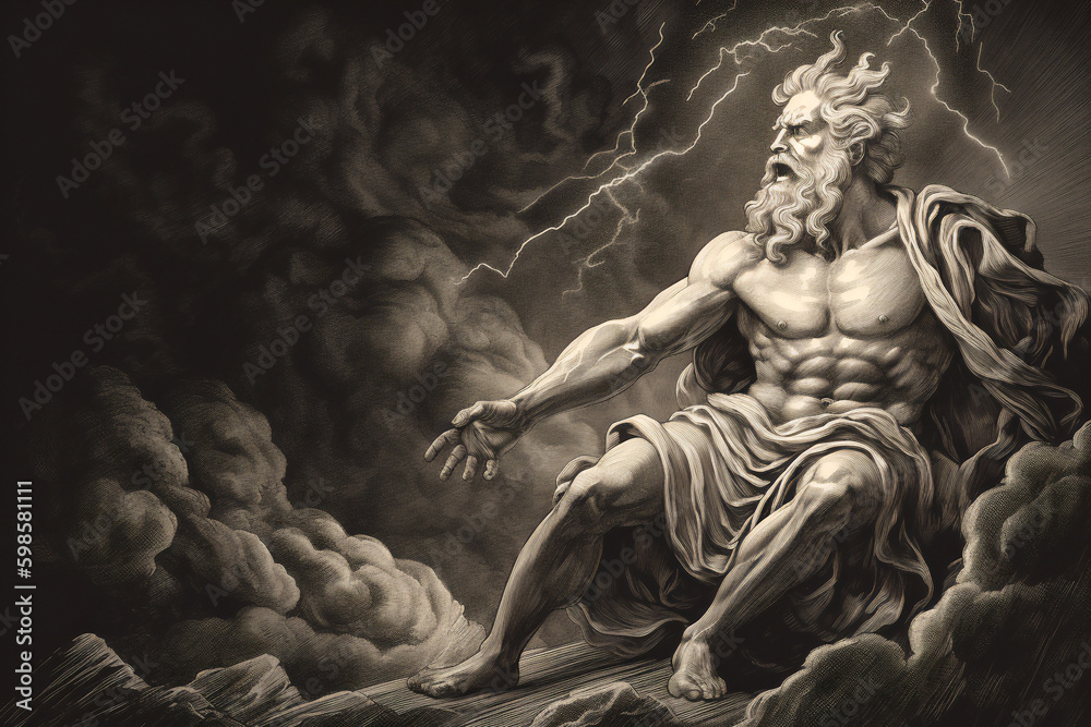 Engraved portrait of Zeus king of the gods on Mount Olympus in Greek ...