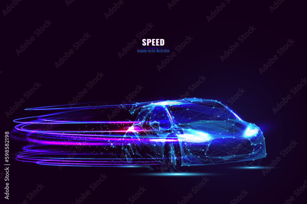 Futuristic rally car in motion with neon fast lines and particles ...