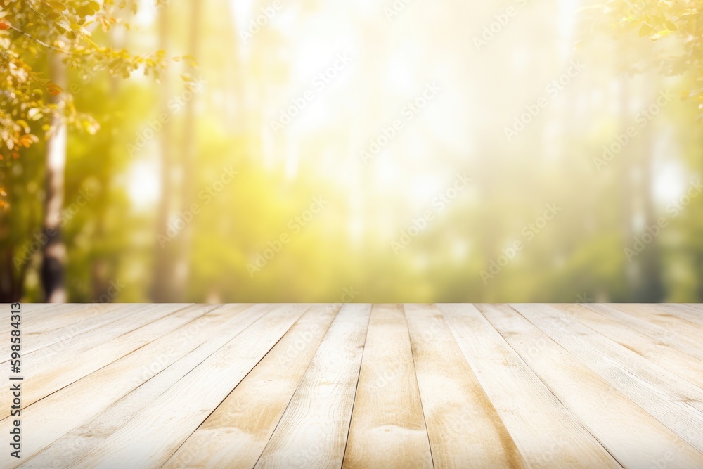 Natural environment with rustic wood floor and blurred forest nature ...