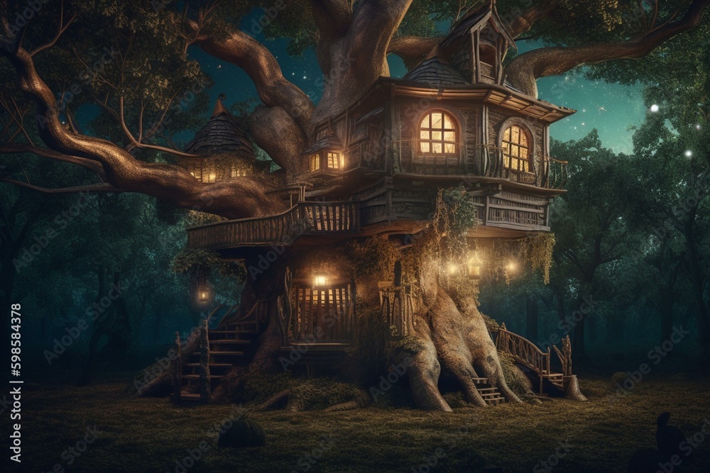 AI artwork of a magical tree trunk house for mythical creatures in a ...