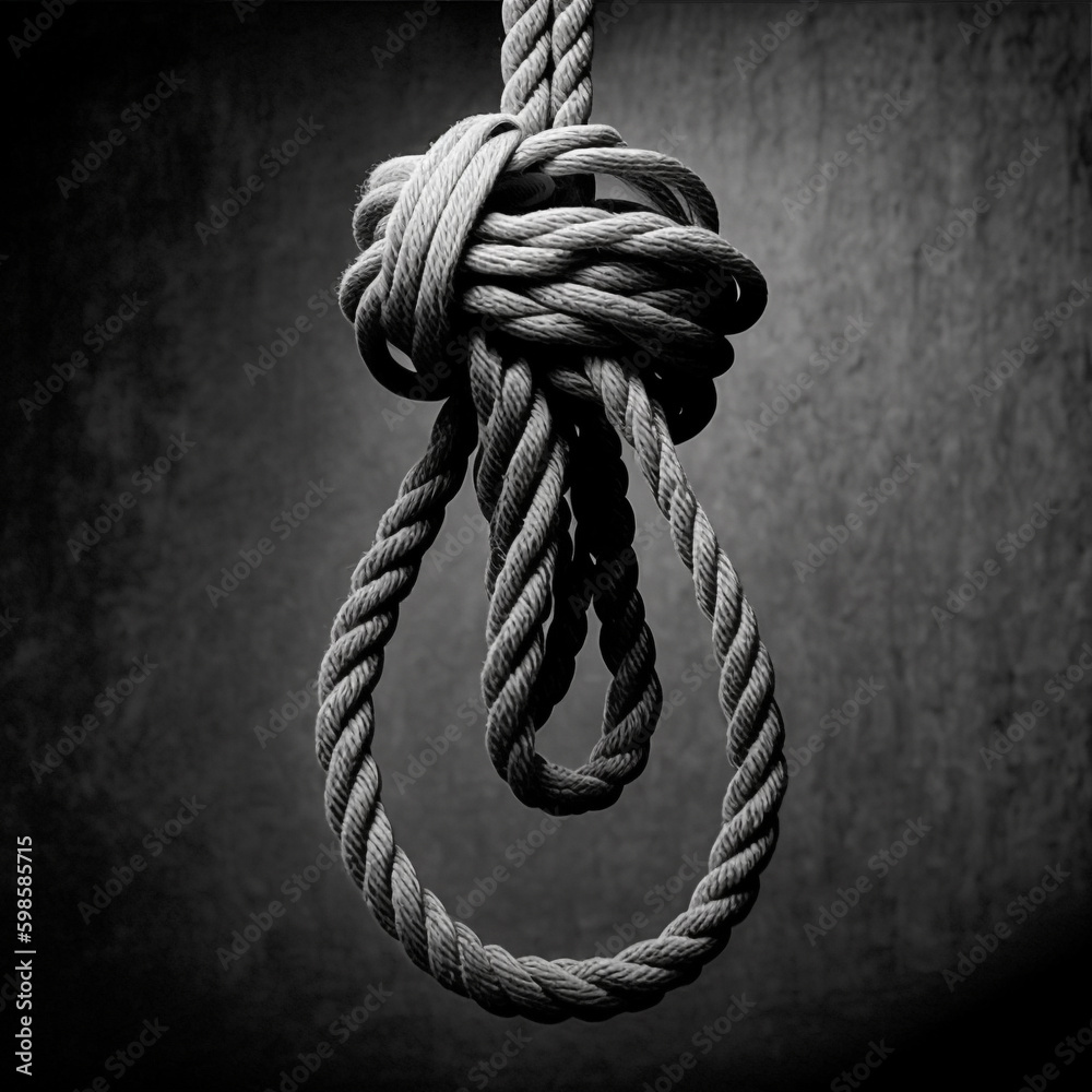 Rope noose for hangman made of natural fiber rope on a grainy gray wall ...
