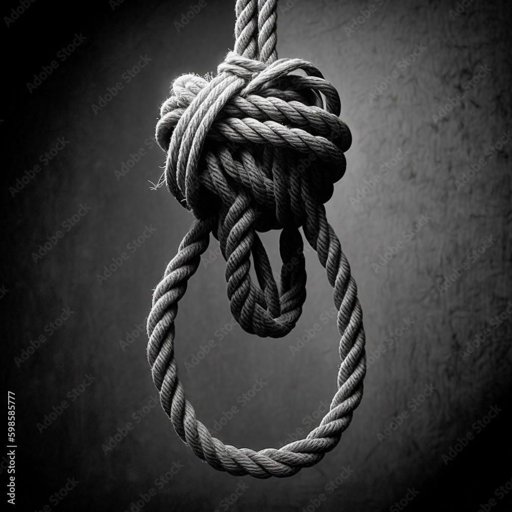 Rope noose for hangman made of natural fiber rope on a grainy gray wall ...