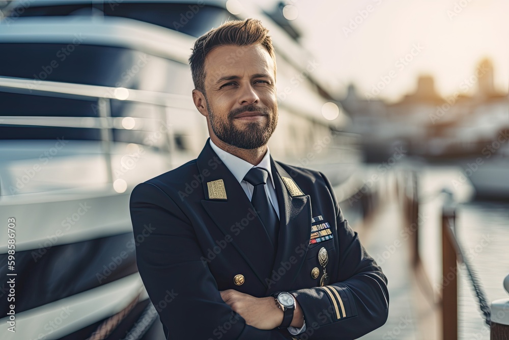 confident captain standing in front of a luxury yacht. The captain ...