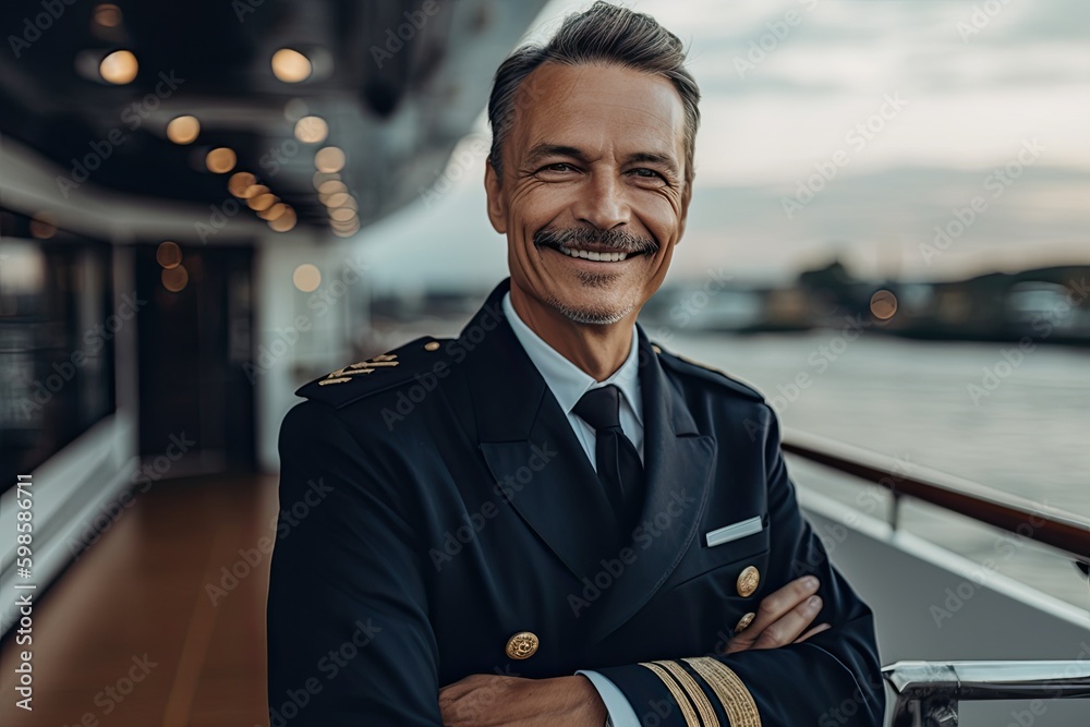 confident captain standing in front of a luxury yacht. The captain ...