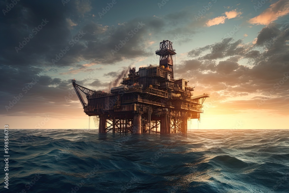 This aerial view captures an offshore oil rig in the vastness of the ...