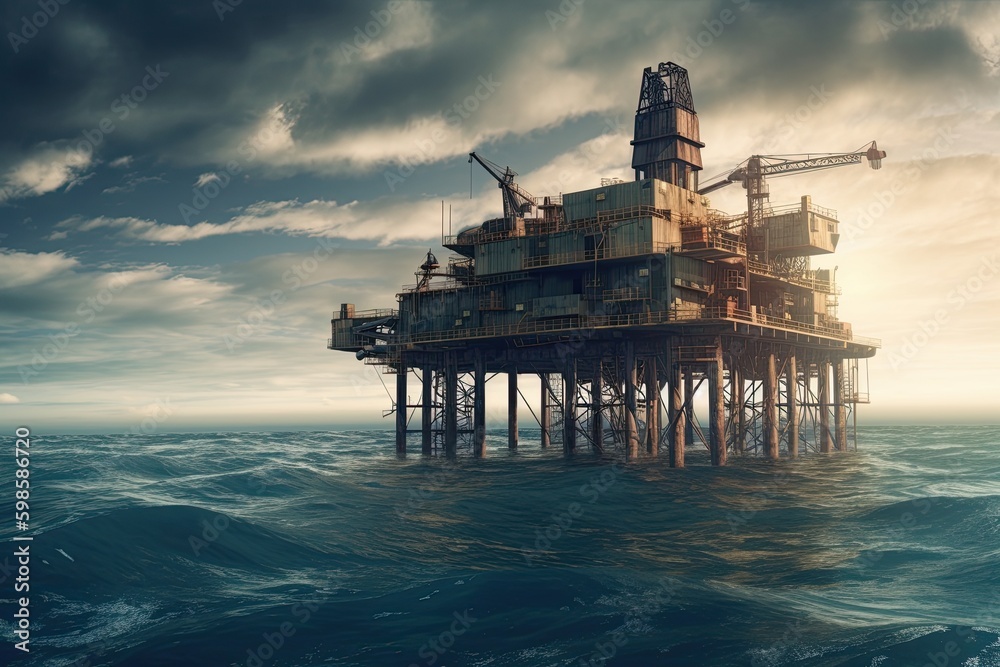 This aerial view captures an offshore oil rig in the vastness of the ...