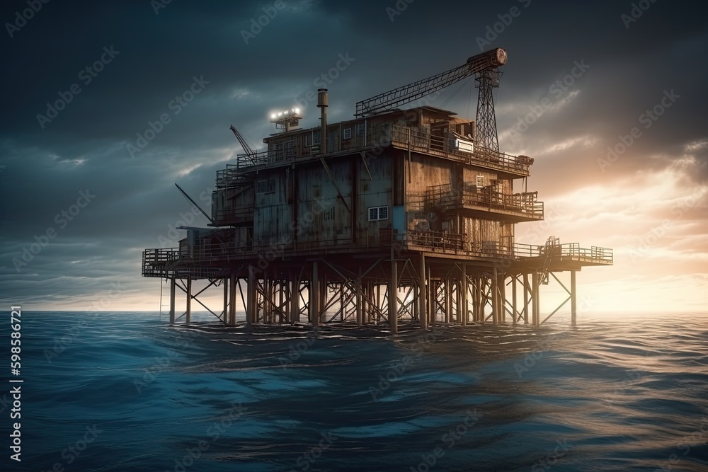 This aerial view captures an offshore oil rig in the vastness of the ...