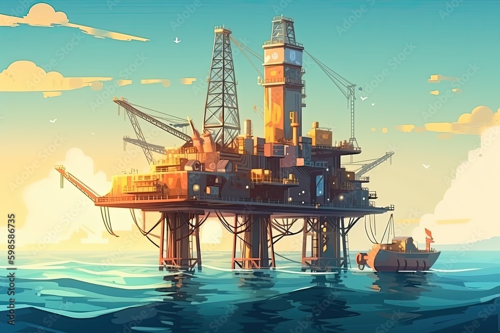 This aerial view captures an offshore oil rig in the vastness of the ...