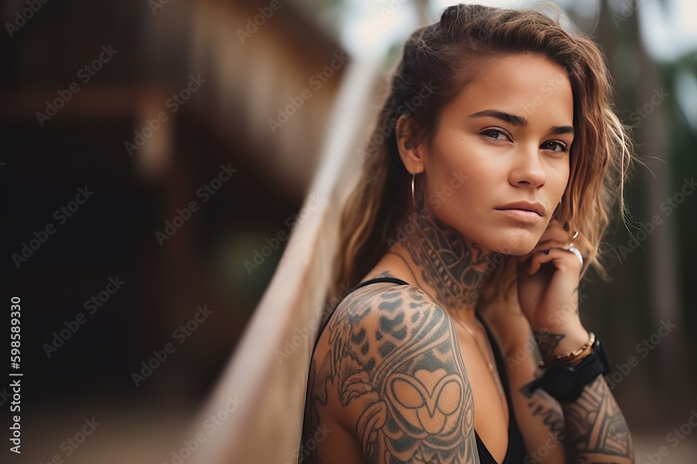 A beautiful and attractive surfer woman with a tribal tattoo on her leg ...