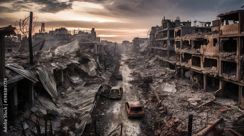 Devastating city destruction, war and disaster scene. generative ai ...