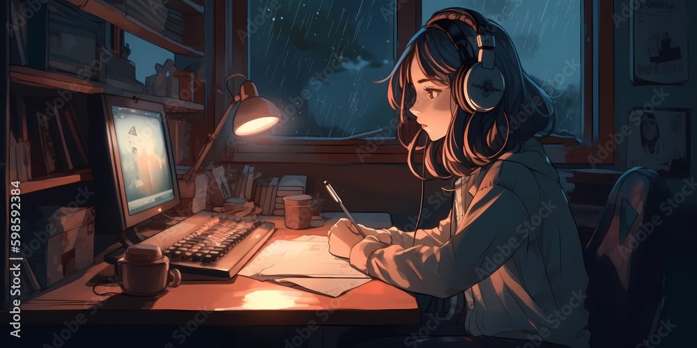 Cool Lofi Girl studying at her desk. Rainy or cloudy outside, beautiful ...