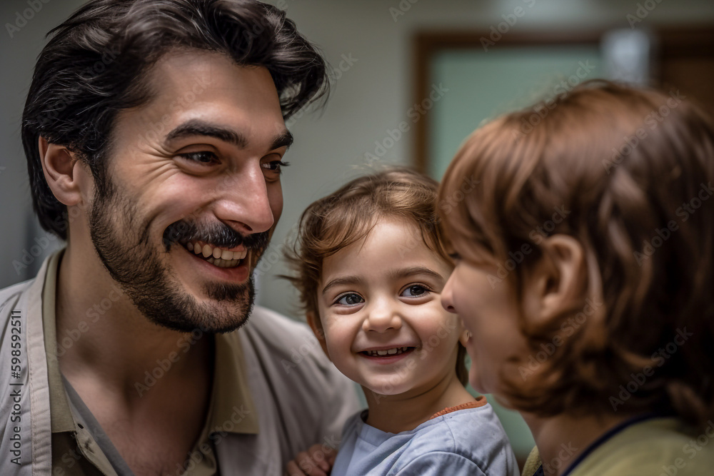 Dad and mom hold a happy, smiling little girl between them, with an ...