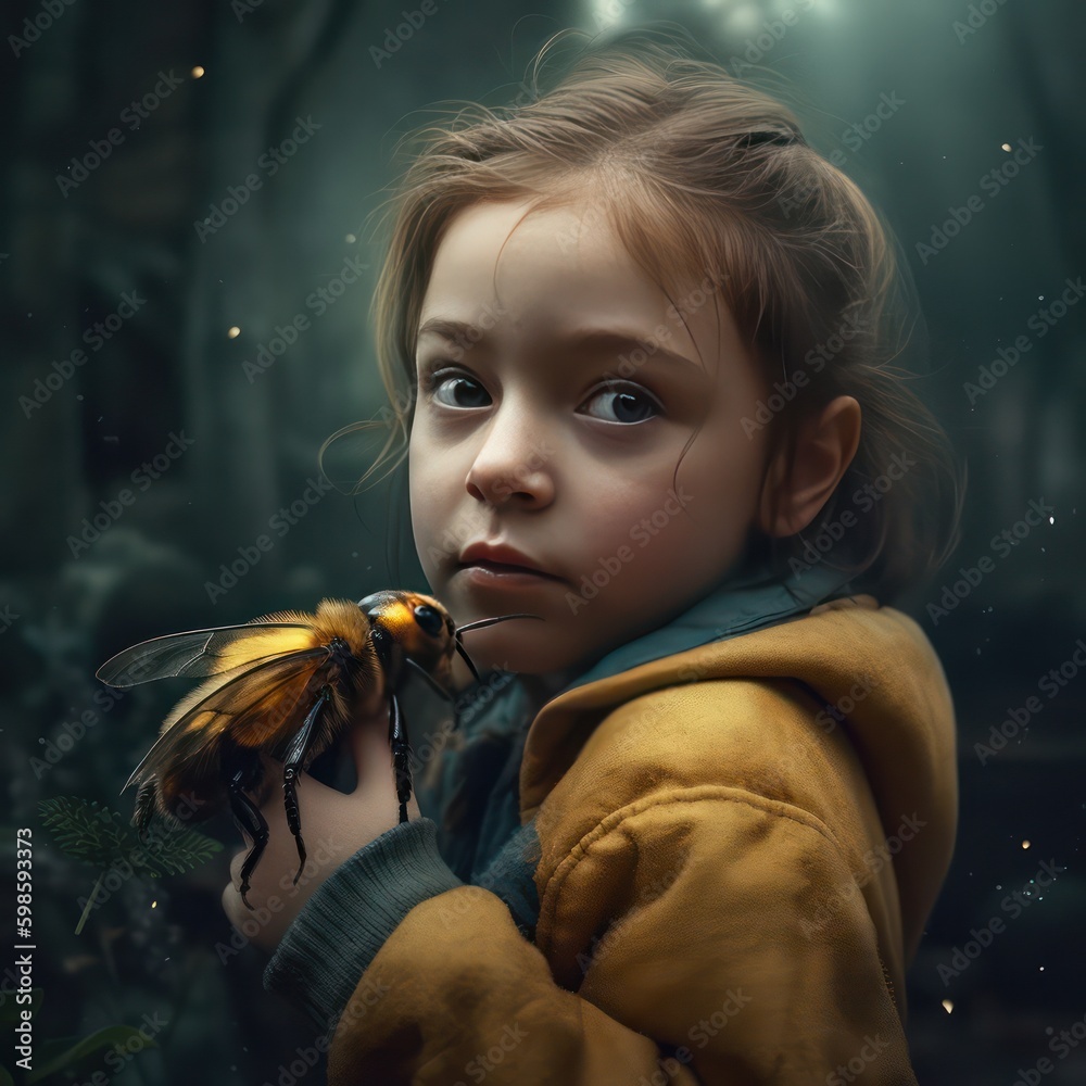 Little girl in a raincoat cuddling a big bee in her hand, protect the ...