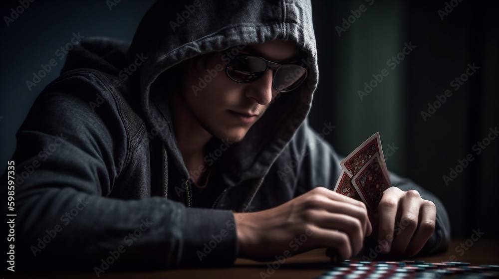 Poker player with cards in hand, dark sunglasses and cap, impassive ...