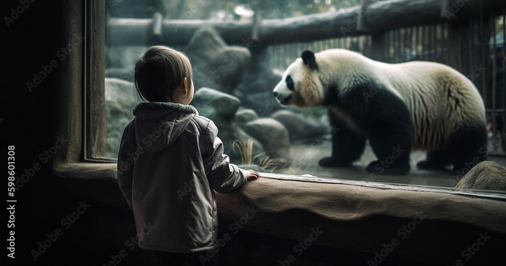 Cute little girl watching panda bear, animals in the zoo. Children ...