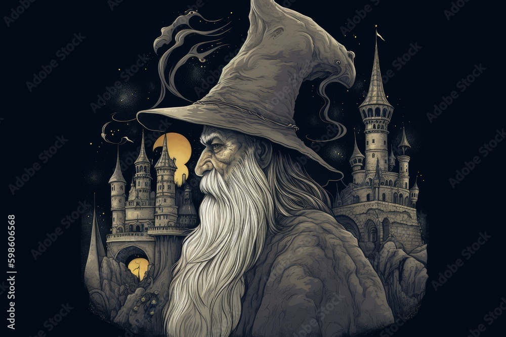 Illustration of wizard with white hair and pointed hat, castle in the ...