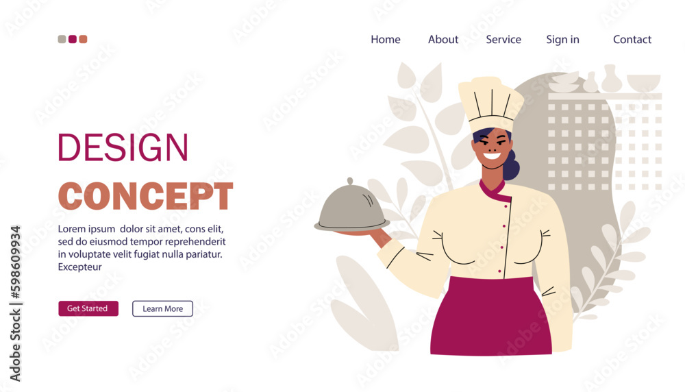 Landing page concept with chef. A black female cook holds a cloche dish ...