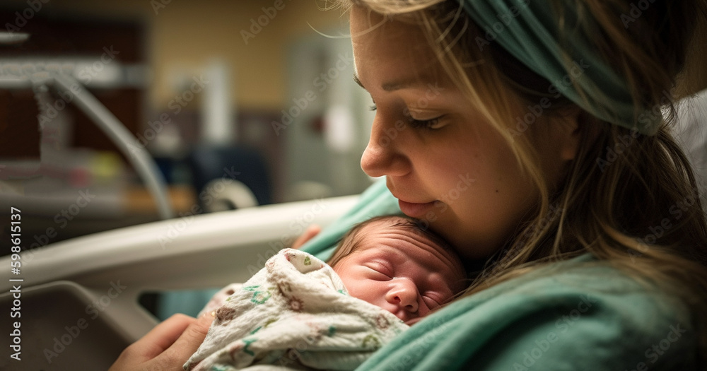 Happy mother and newborn baby in hospital bed. Child birth in maternity ...
