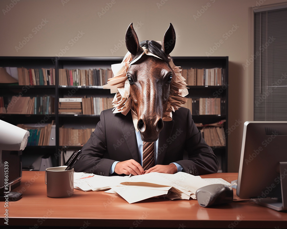 generative ai illustration of office stallion, horse working, business ...