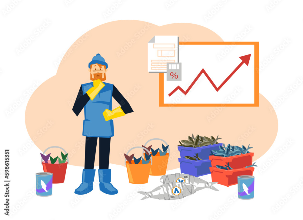 Confused fisherman with fresh fish vector illustration. Salmon tax ...