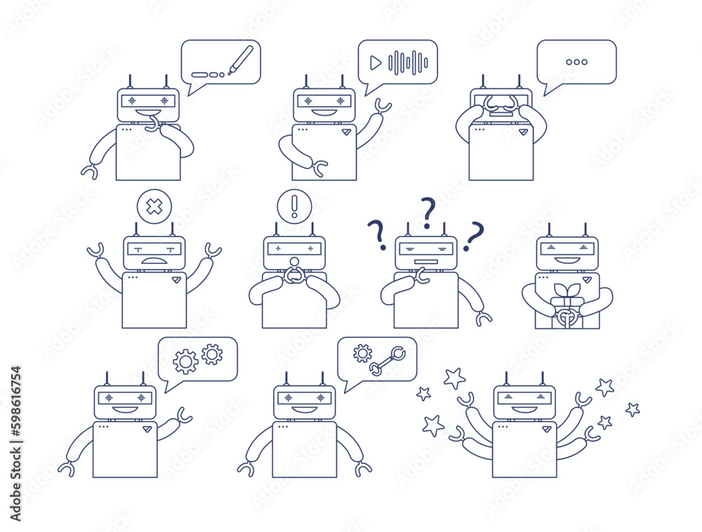 Cute chatbot outline vector illustrations set. Thin line icon of AI ...