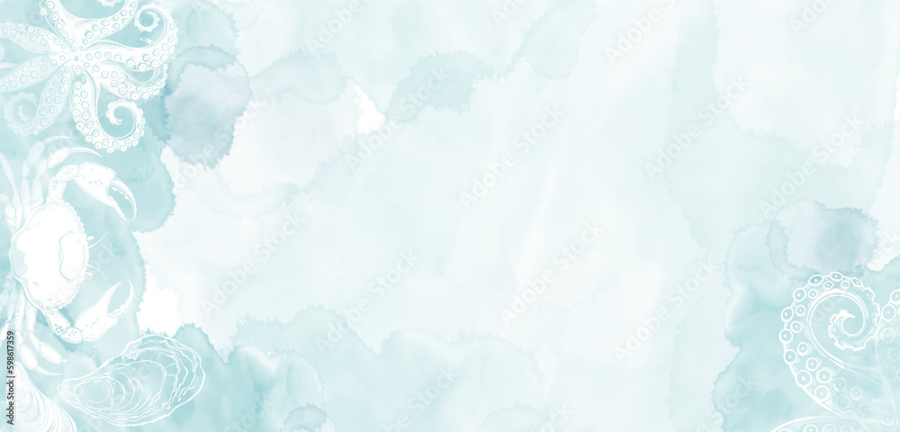 Art sea food vector background. Luxury design with sea food on blue ...