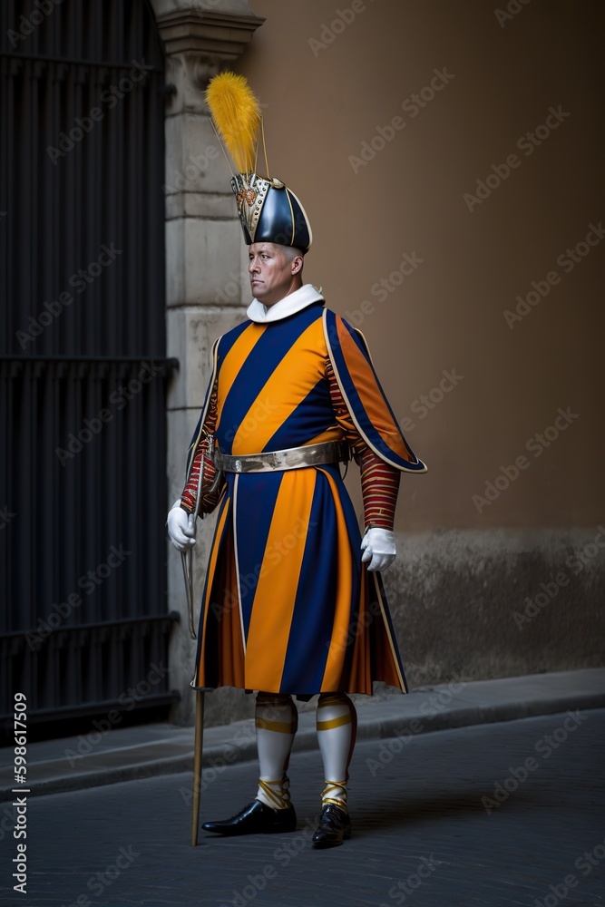 Representation of the guards of the Swiss guard of the Vatican, posing ...