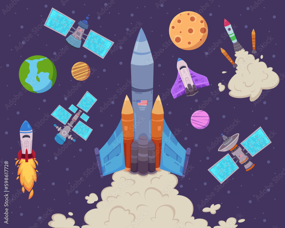 Spaceships, satellites, planets vector illustrations set. Collection of ...