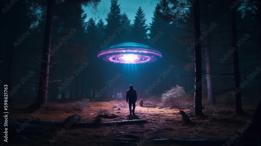 Man look at glowing UFO flying saucer hovering in mystical forest ...