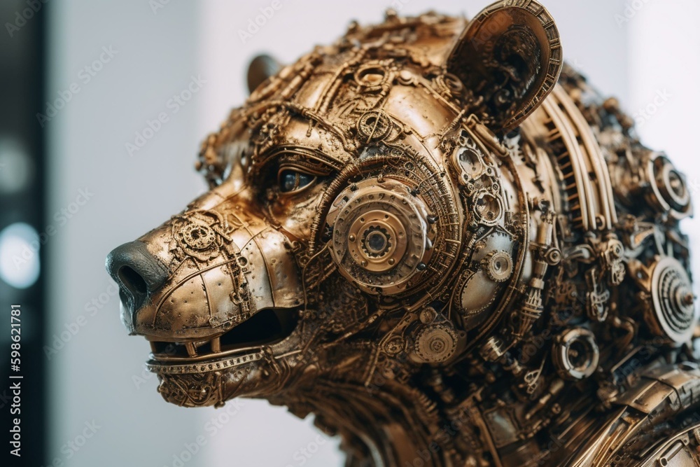 Realistic robot bear head sculpture with intricate details on white ...