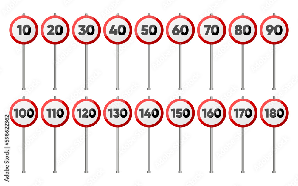 Road signs collection. Red round signs warning of the speed limit ...