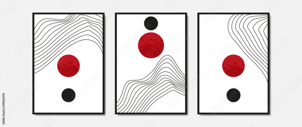 Set of abstract drawings of Japanese art. Watercolor and red sun, line ...