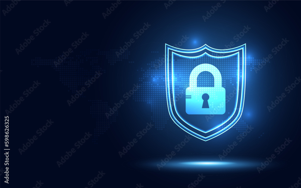 Cyber security padlock blue abstract digital glowing background. Decoding technology and ...
