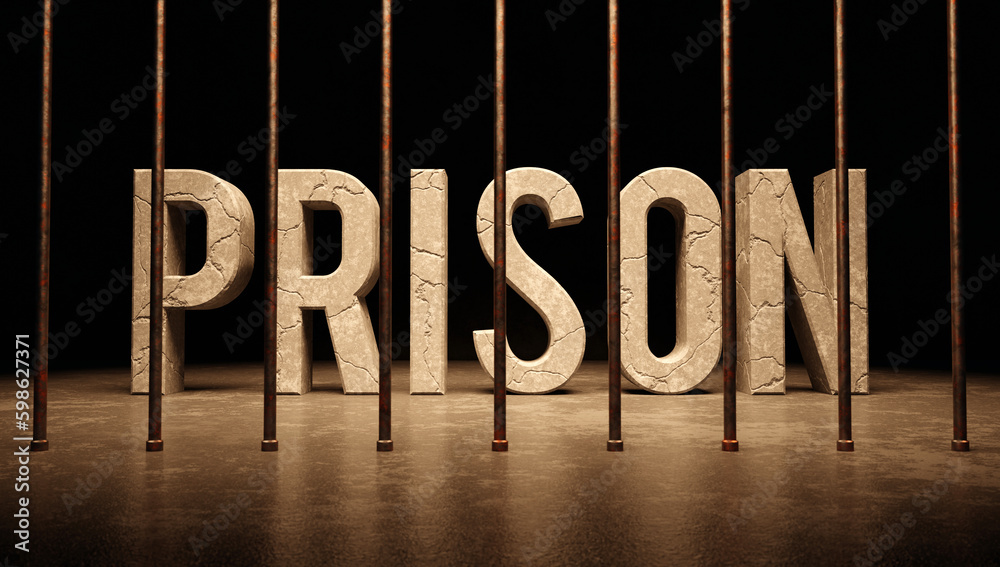 Photo & Art Print Prison text word behind bars, in jail concept wide banner