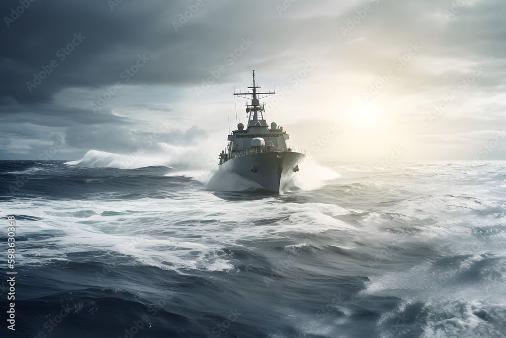 military special forces naval vessel destroyer sailing fast in the ...