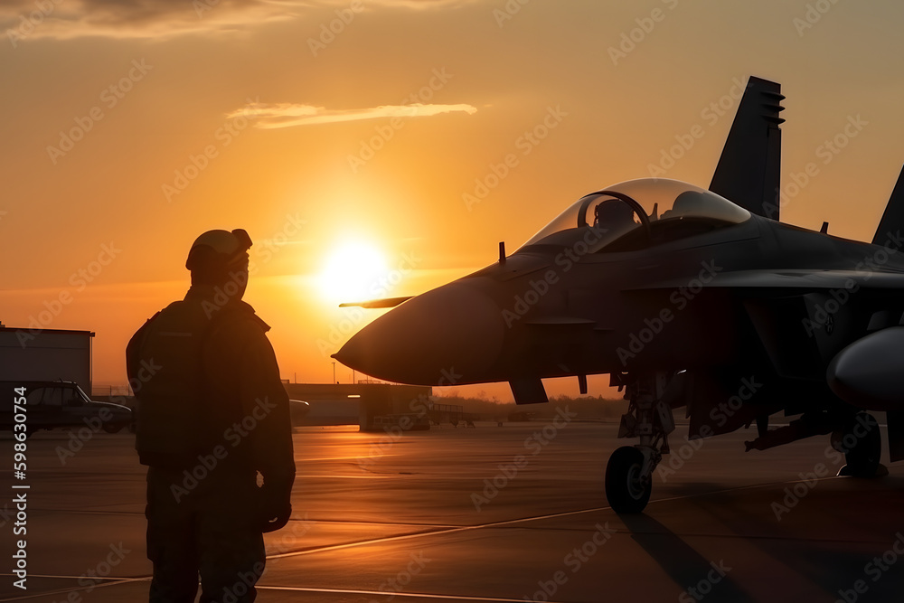 sunset back view of military fighter jet pilot beside parked military ...
