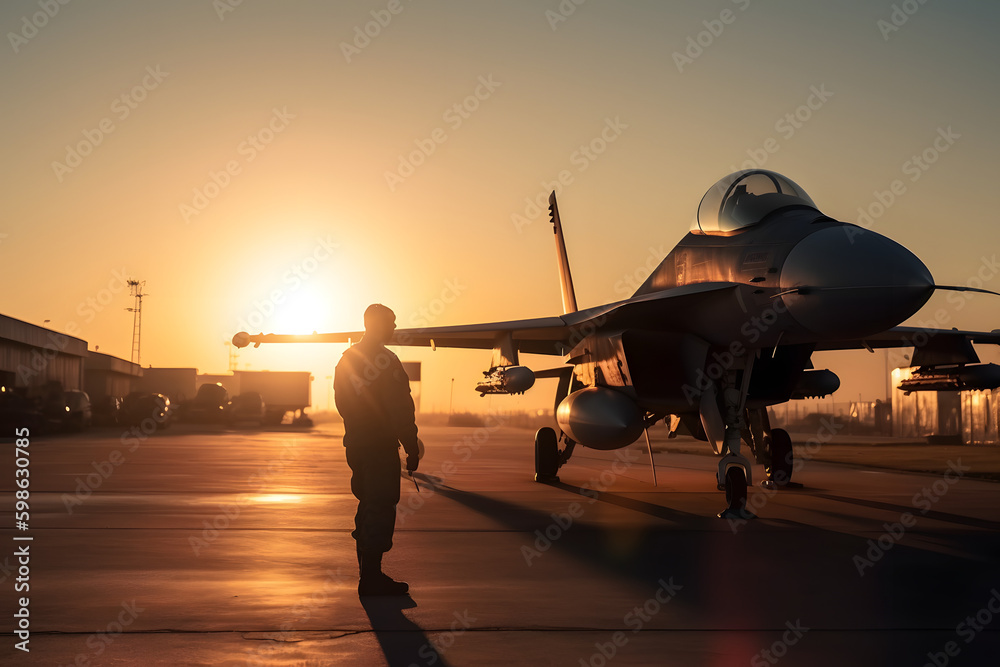 sunset back view of military fighter jet pilot beside parked military ...
