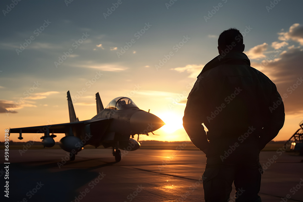 sunset back view of military fighter jet pilot beside parked military ...