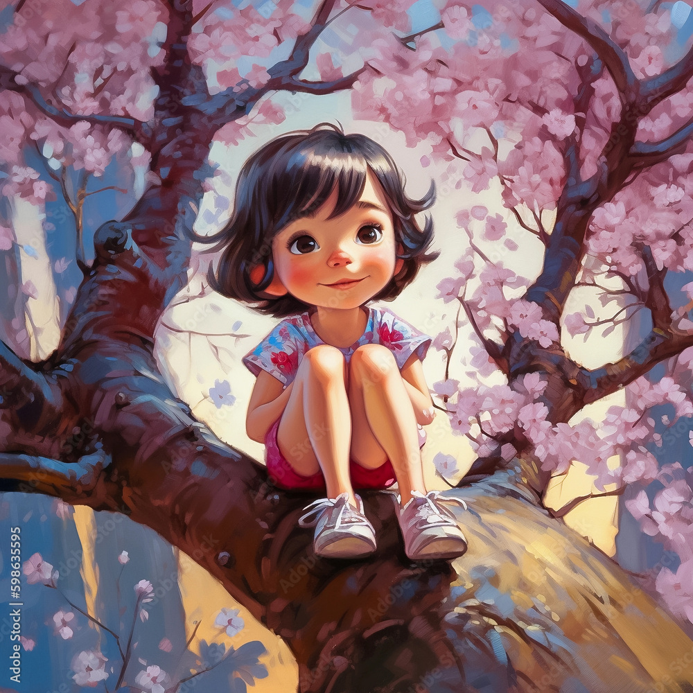 Cartoon cute smiling little girl sitting on a blossoms cherry tree ...