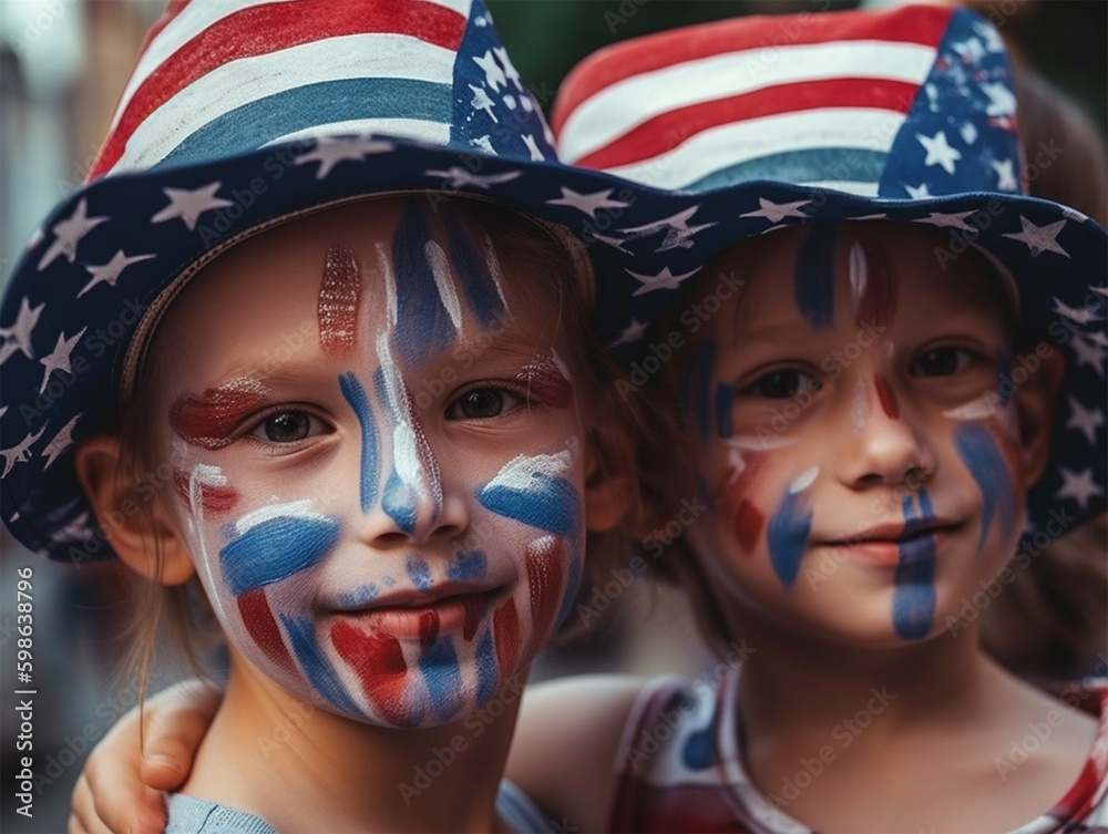 portrait of happy children wearing hats and makeup in the colors of the ...