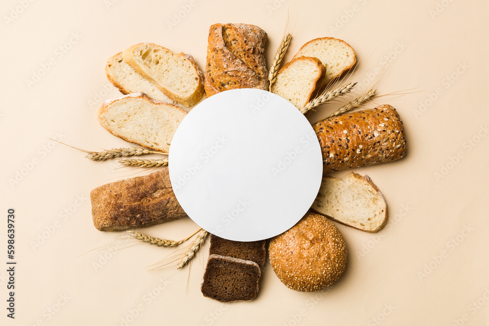 Minimalist paper blank mockup on background of Types of homemade bread ...